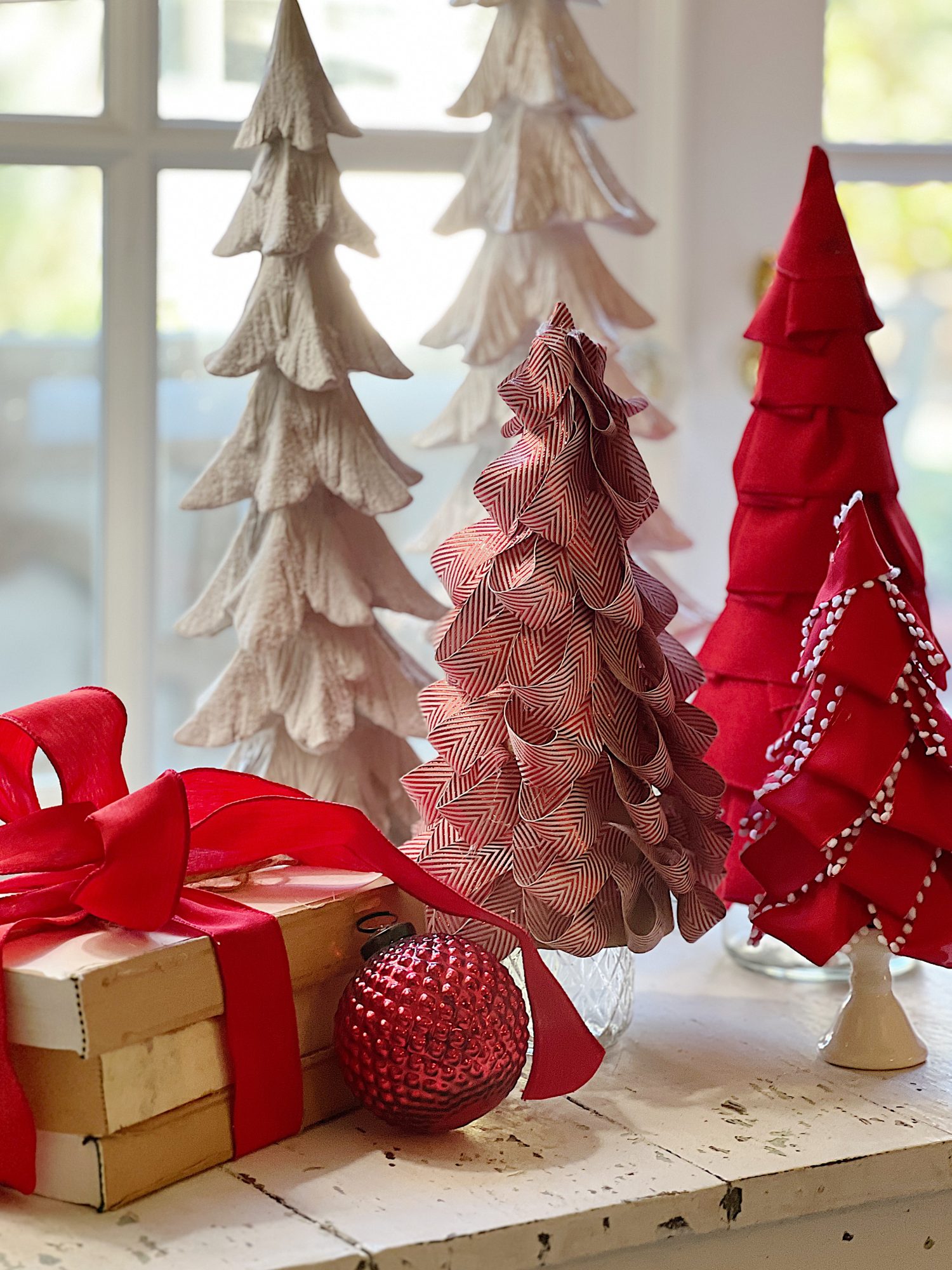 Christmas Trees Decorated With Red Ribbon Christmas Trees Decorated With Red Ribbon